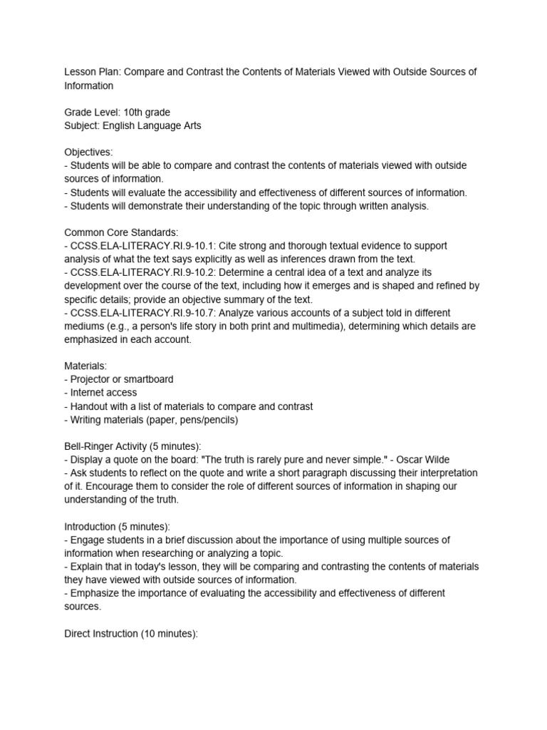 Lesson Plan - Compare and Contrast The Contents of Materials Viewed ...