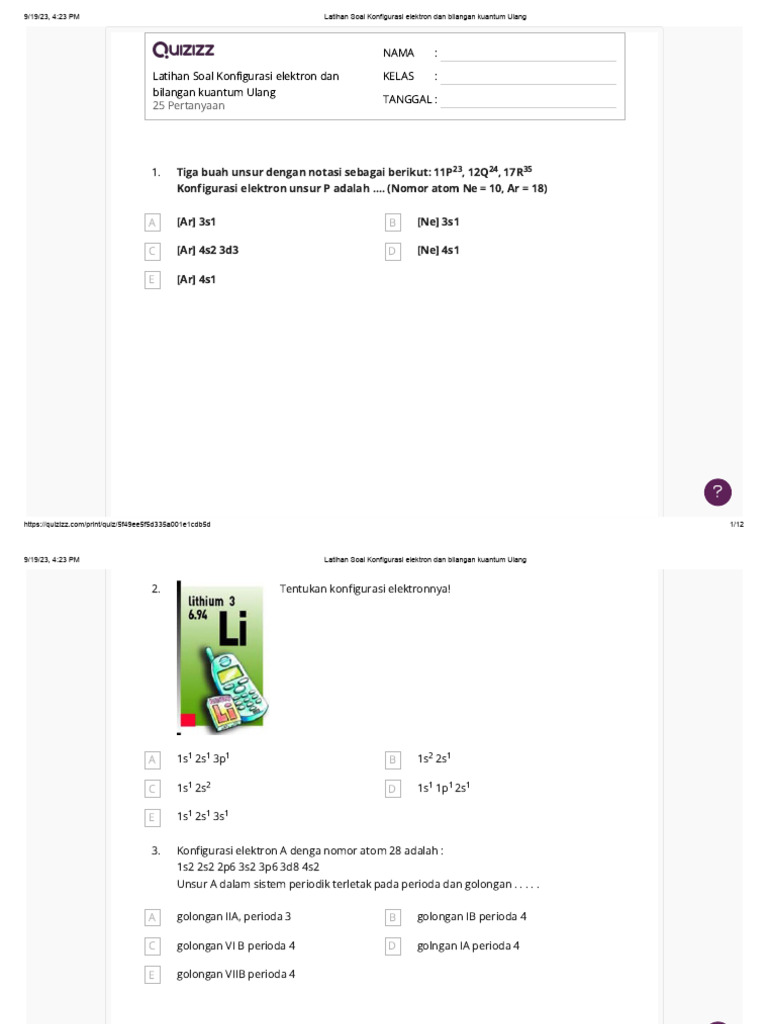 Latihan Soal Konfigurasi elektron dan bilangan kuantum Ulang | PDF