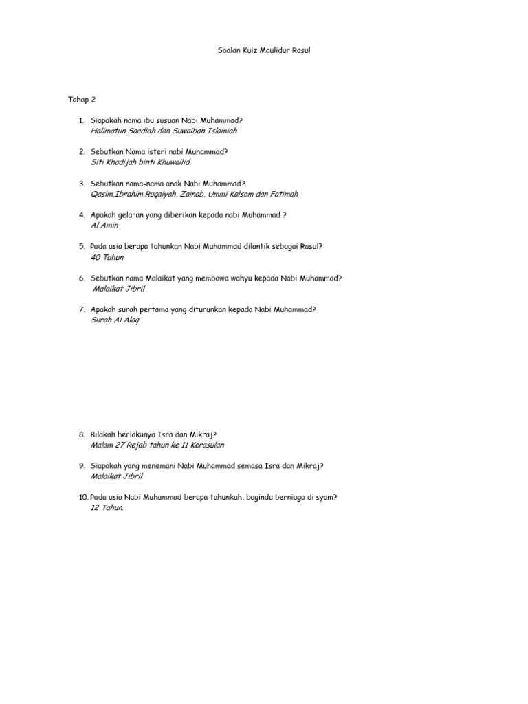 Soalan Kuiz Maulidur Rasul | PDF