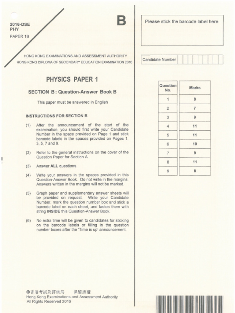2016 Dse Phy Paper 1b | PDF
