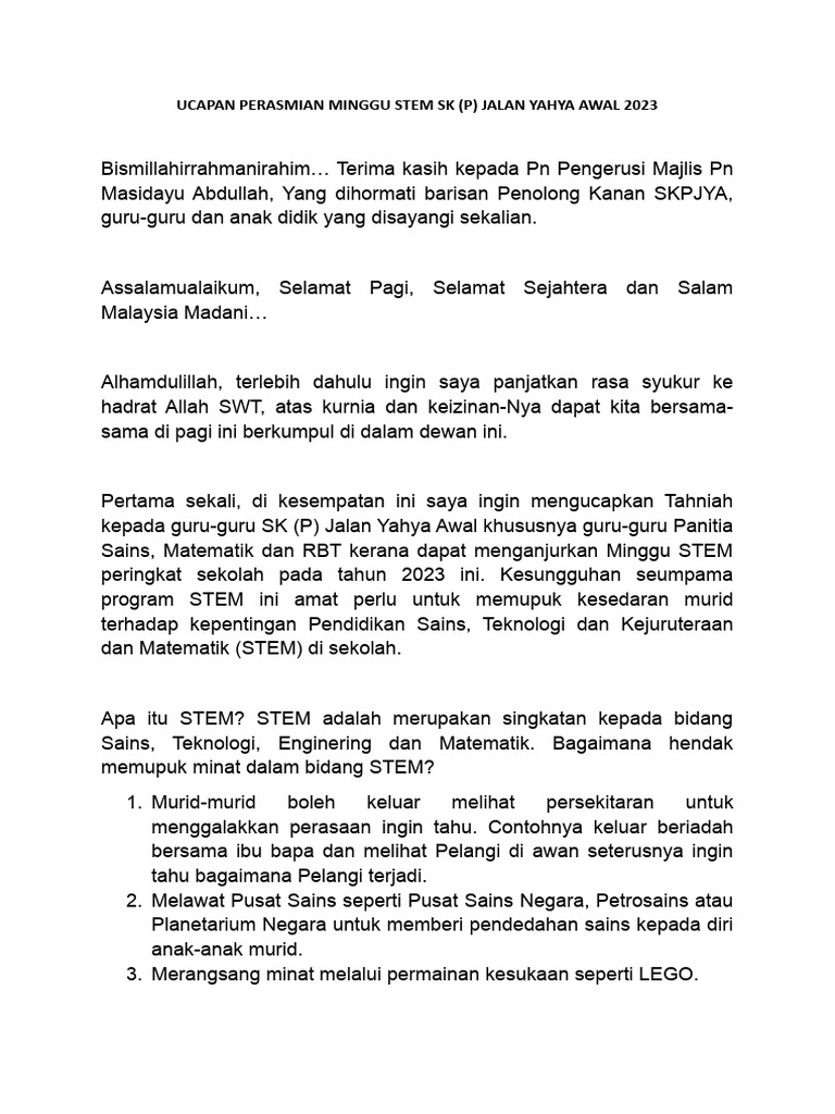 Ucapan Perasmian Minggu Stem SK | PDF