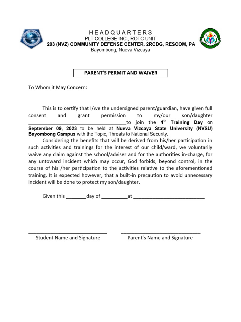 Parent Consent for ROTC Event | PDF