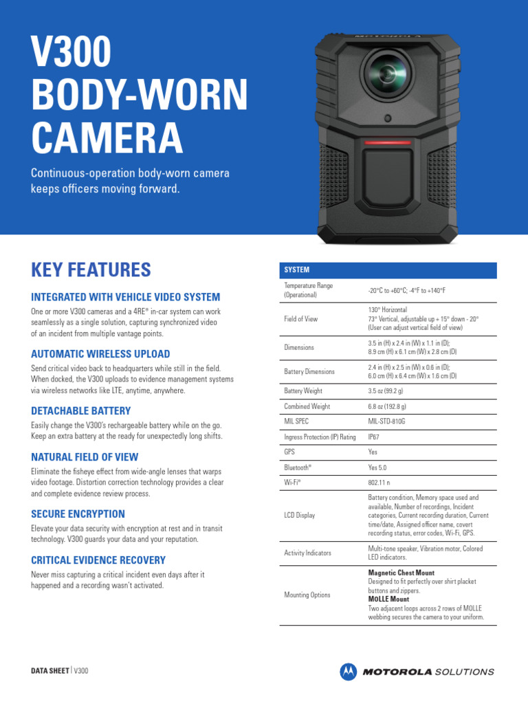 Watchguard v300 Body Worn Camera Data Sheet | PDF | Technology ...