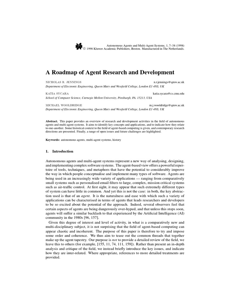 (Jennings, Sycara, Woolridge) A Roadmap of Agent Research and Development | PDF