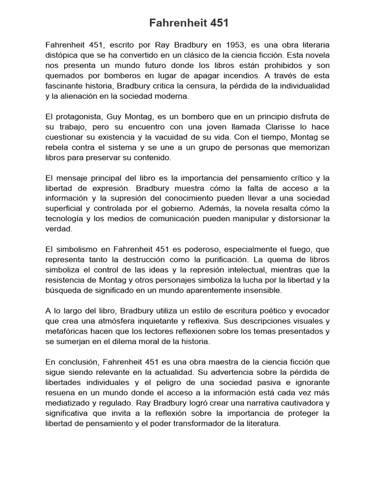 Ensayo Fahrenheit 451 | PDF