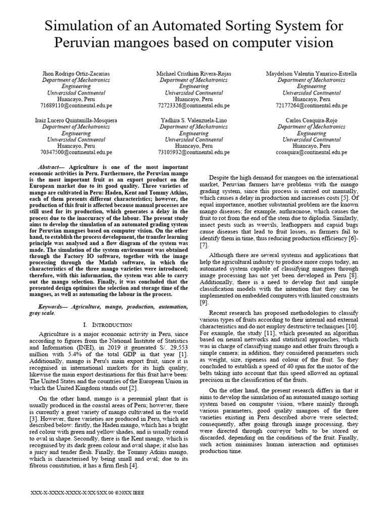 Simulation of An Automated Sorting System For Peruvian Mangoes Based On Computer Vision | PDF