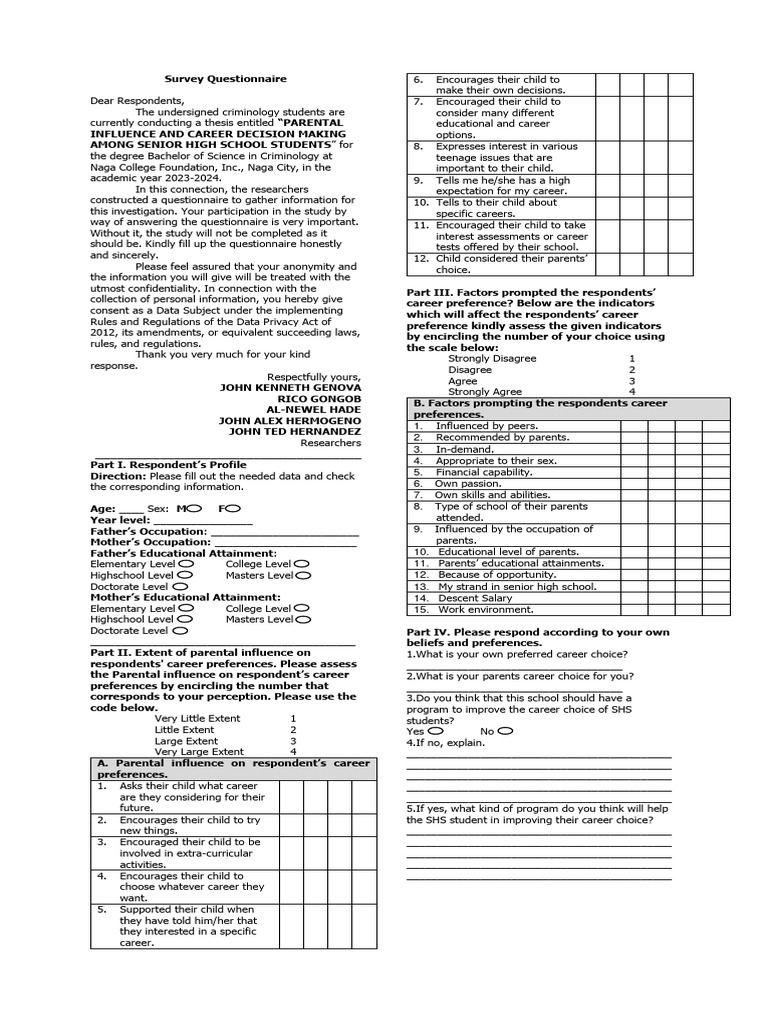Parental Influence on Career Choices Survey | PDF