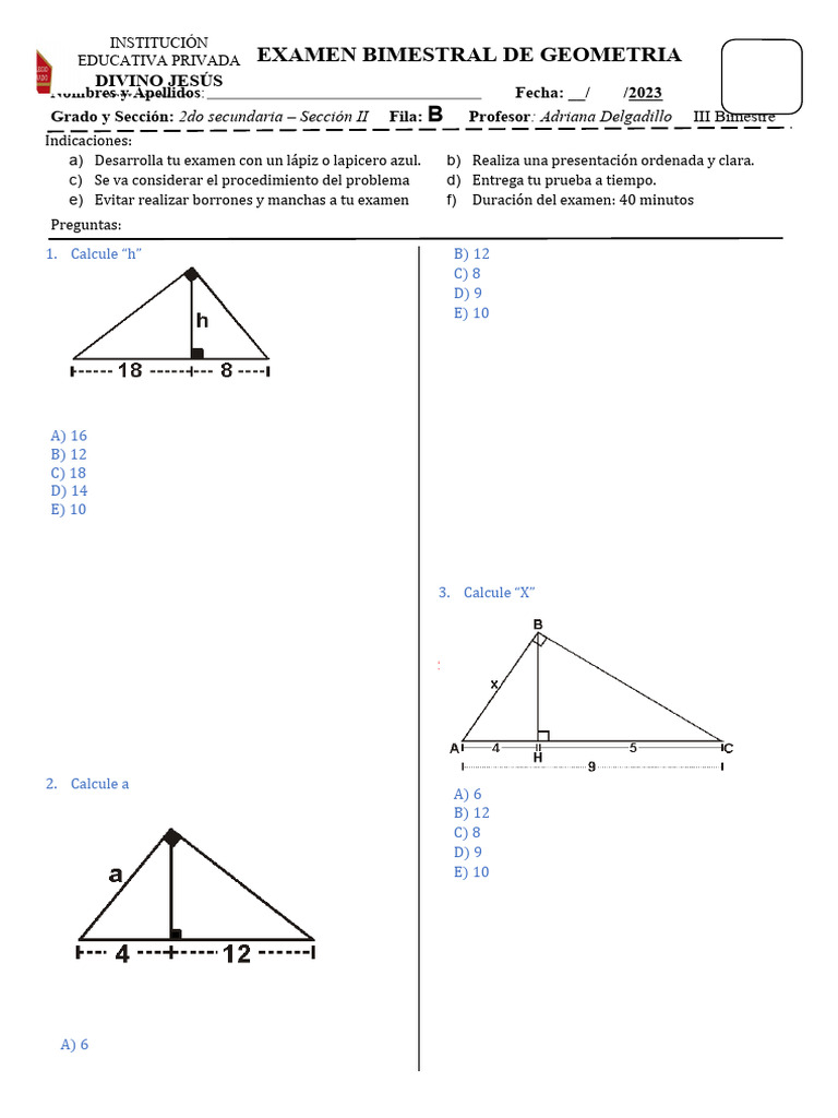 EXAMEN DE GEOMETRIA 2do - II - FILA B | PDF