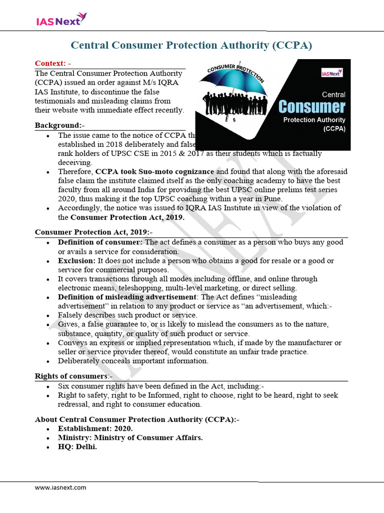 Central Consumer Protection Authority (CCPA) : Context | PDF | Stem ...
