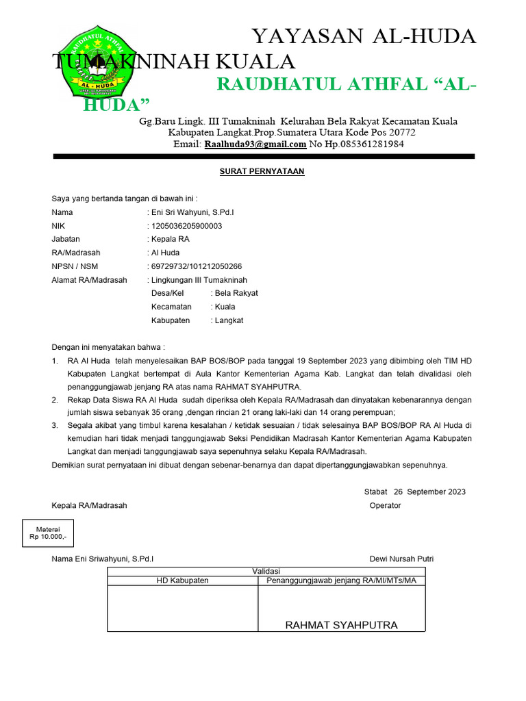 Revisi Form Surat Pernyataan Bap Bos Bop | PDF