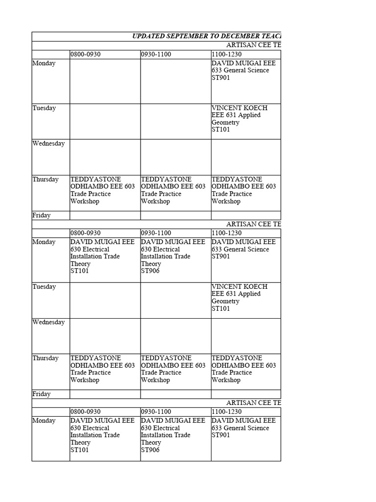 Updated September To December Teaching Timetable Town Campus | PDF