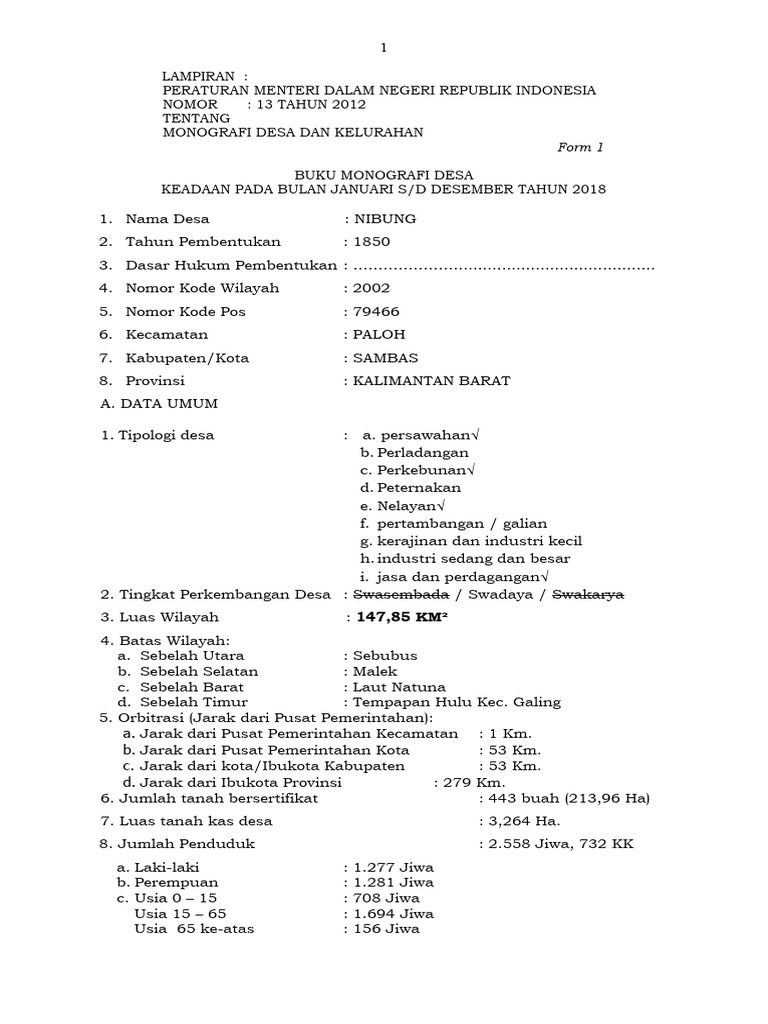 Monografi Desa 2018 DESA NIBUNG KECAMATAN PALOH | PDF