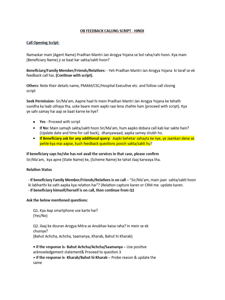 OB Feedback Calling Script - Hindi - 11th Aug'22 | PDF