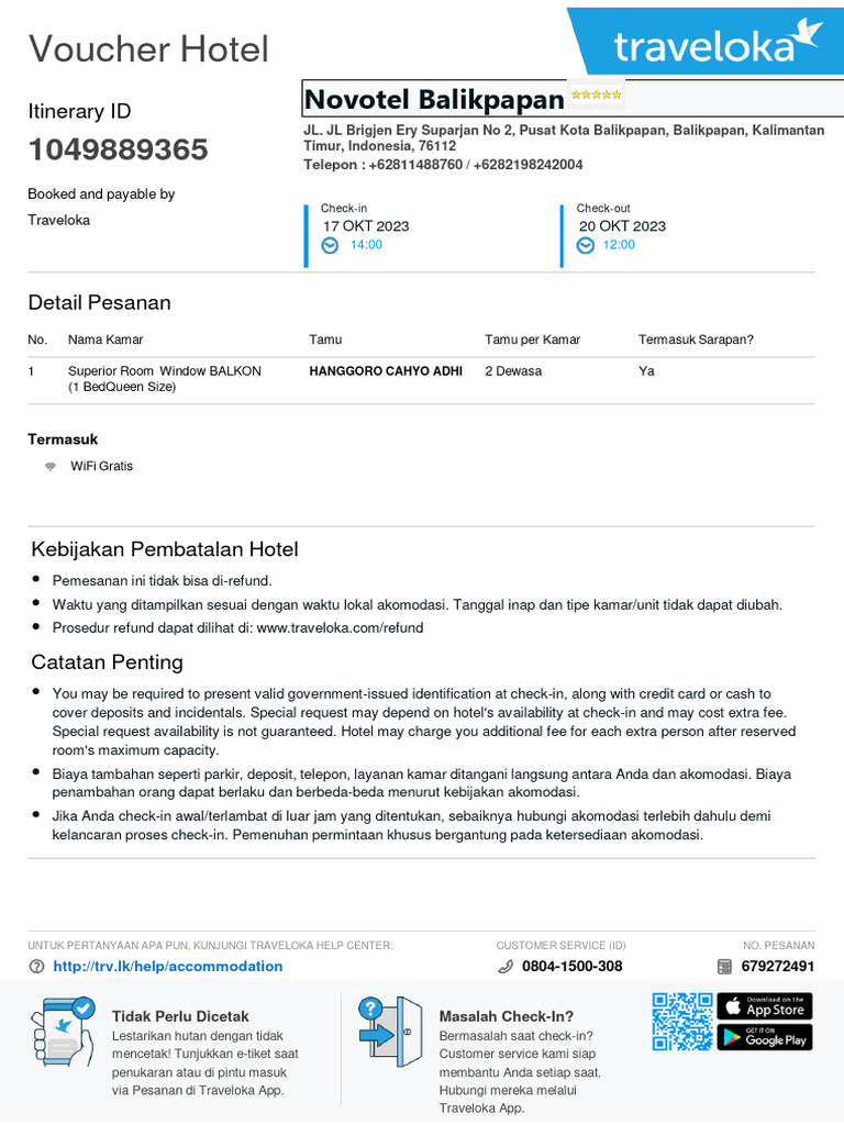 Voucher Novotel Balikpapan 17-20 Okt | PDF