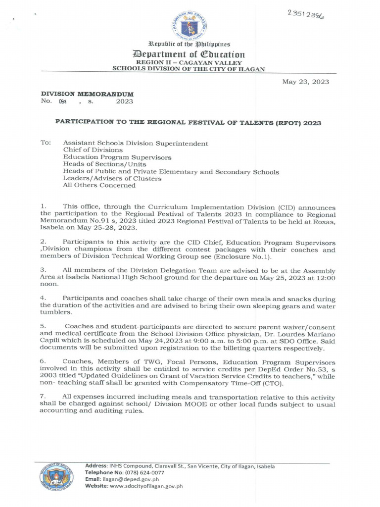 Division Memorandum No. 089. S. 2023 Participation To The Regional ...