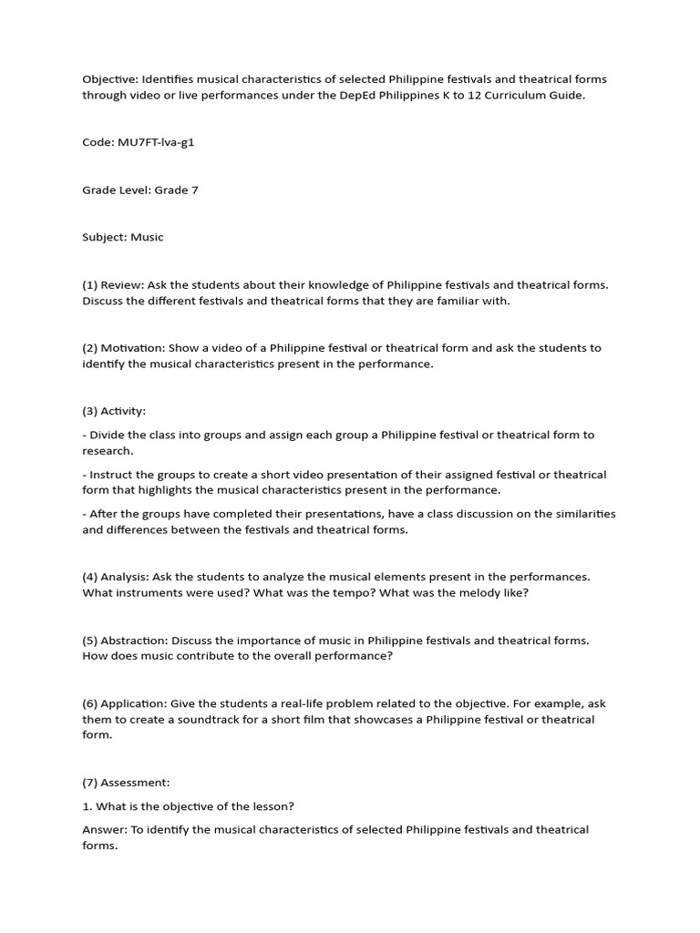 Lesson Plan Mapeh 7 | PDF