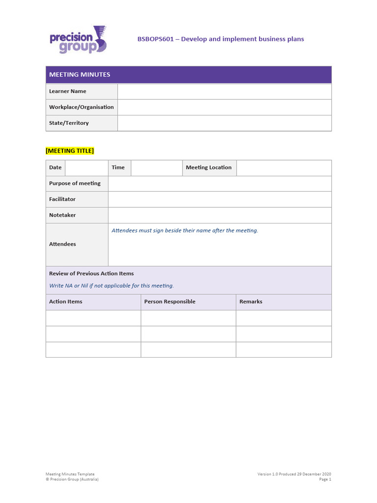 OPS601 Generic Meeting Minutes Template v1.0 | PDF