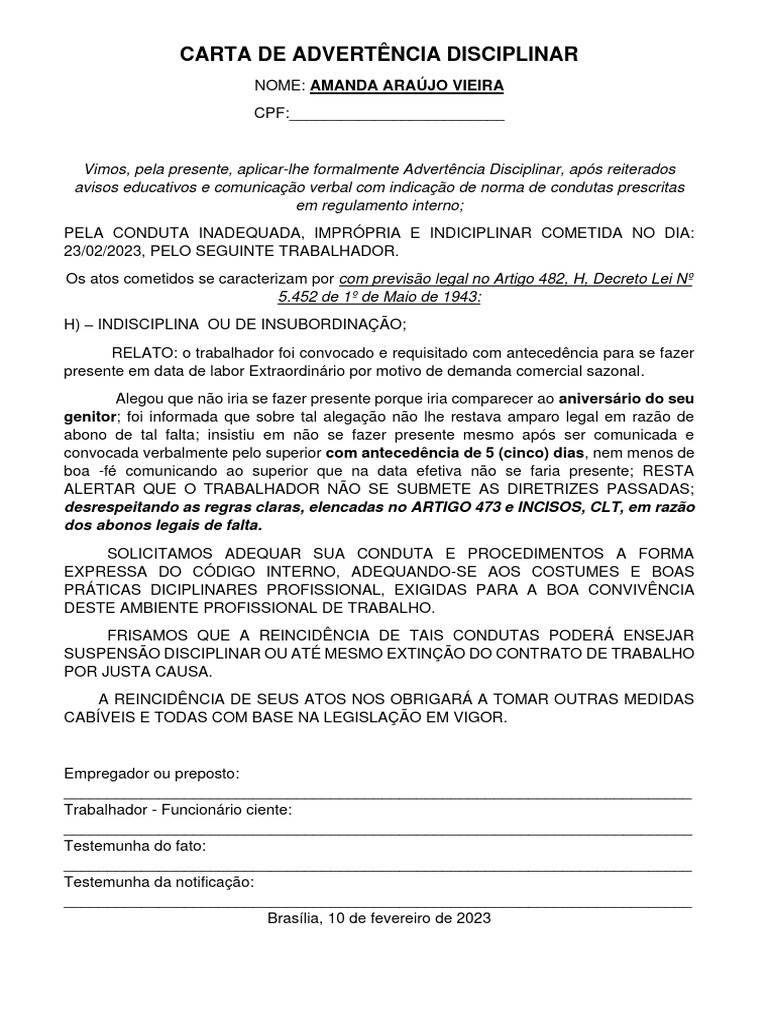CARTA DE ADVERTÊNCIA DISCIPLINAR 2 | PDF CARTA DE ADVERTÊNCIA DISCIPLINAR 2 | PDF