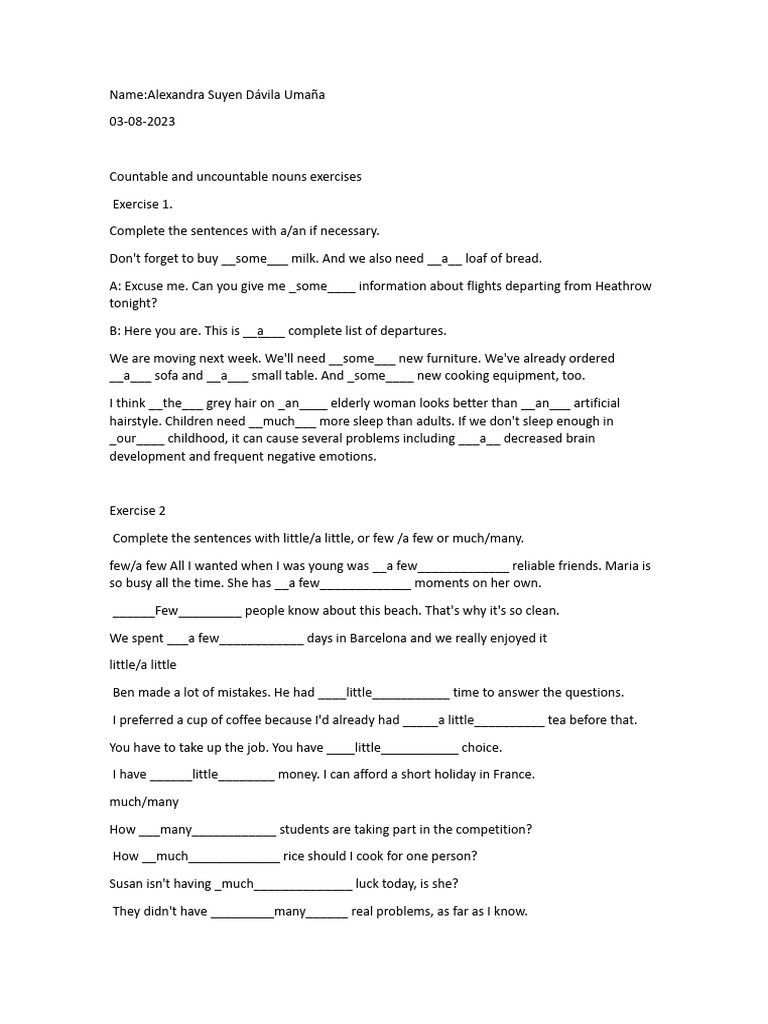 - Countable and uncountable nouns exercises | PDF