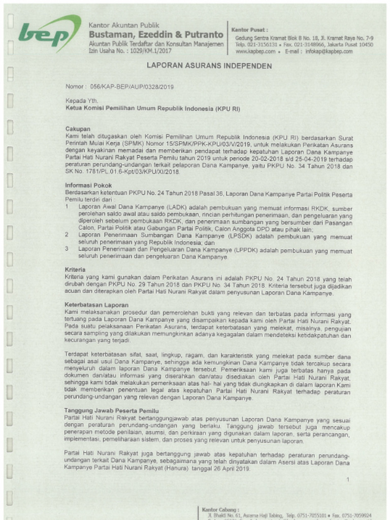 Hasil Audit Dana Kampanye Pemilu 2019 - 13.HANURA | PDF