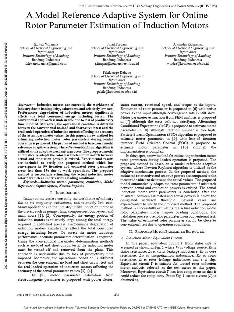A Model Reference Adaptive System For Online Rotor Parameter Estimation Of Induction Motors Pdf