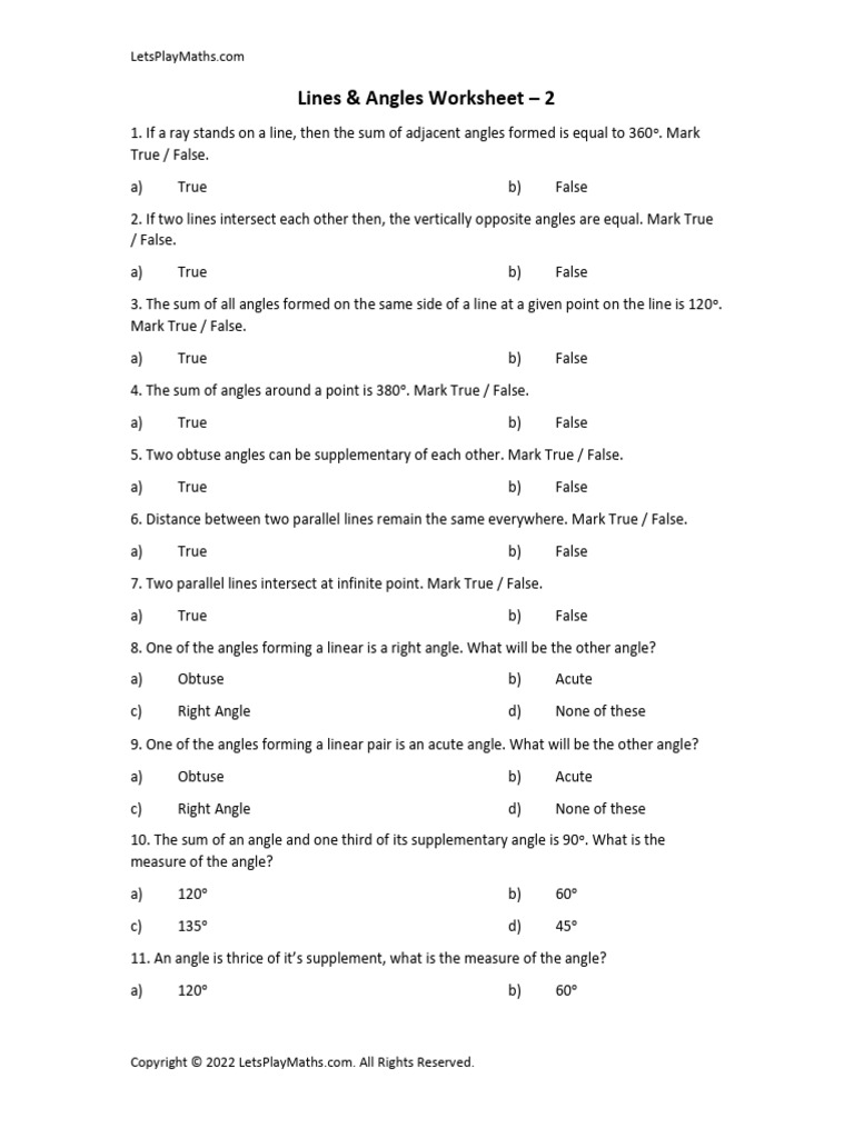 Lines and Angles Worksheet-2 | PDF