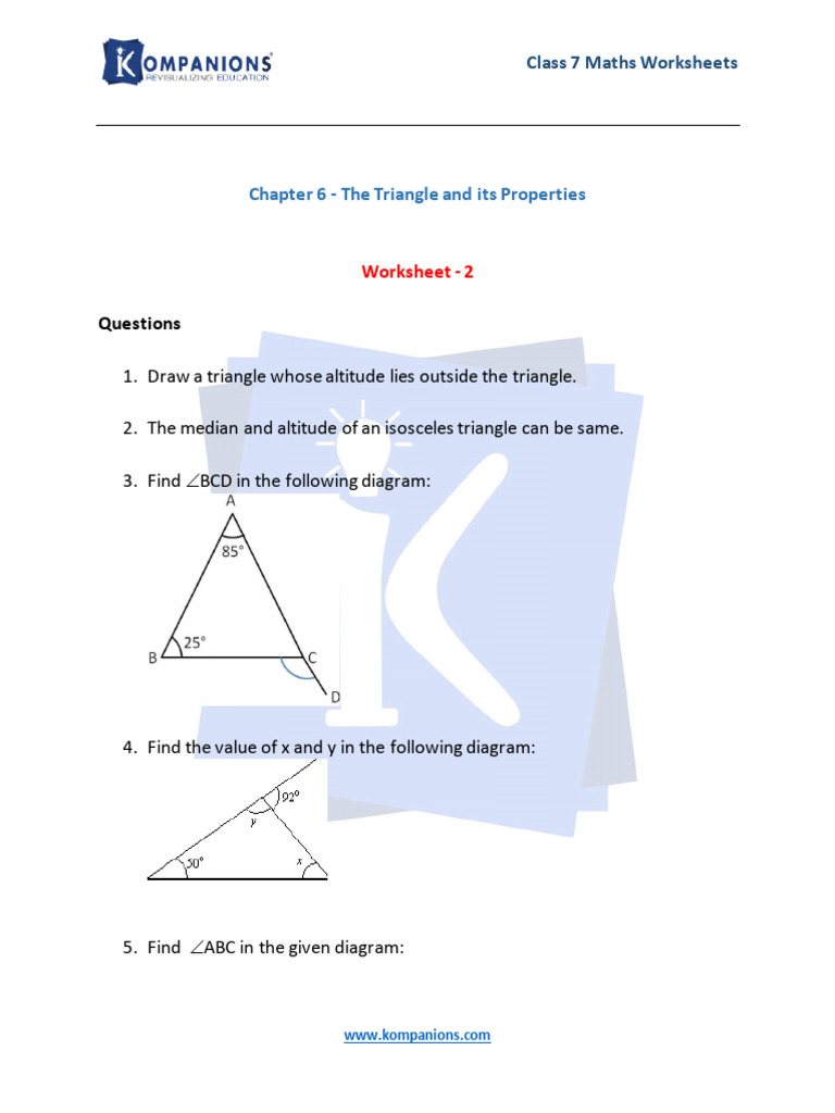 Class 7 Maths Chapter 6 Triangle and Its Properties Worksheet 2 | PDF