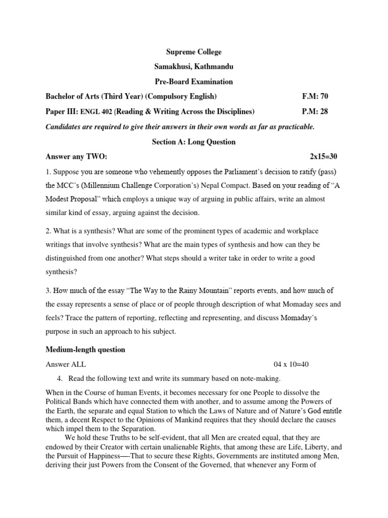 Question Paper of BSW 3rd Year (Preboard) (Compulsory English) | PDF