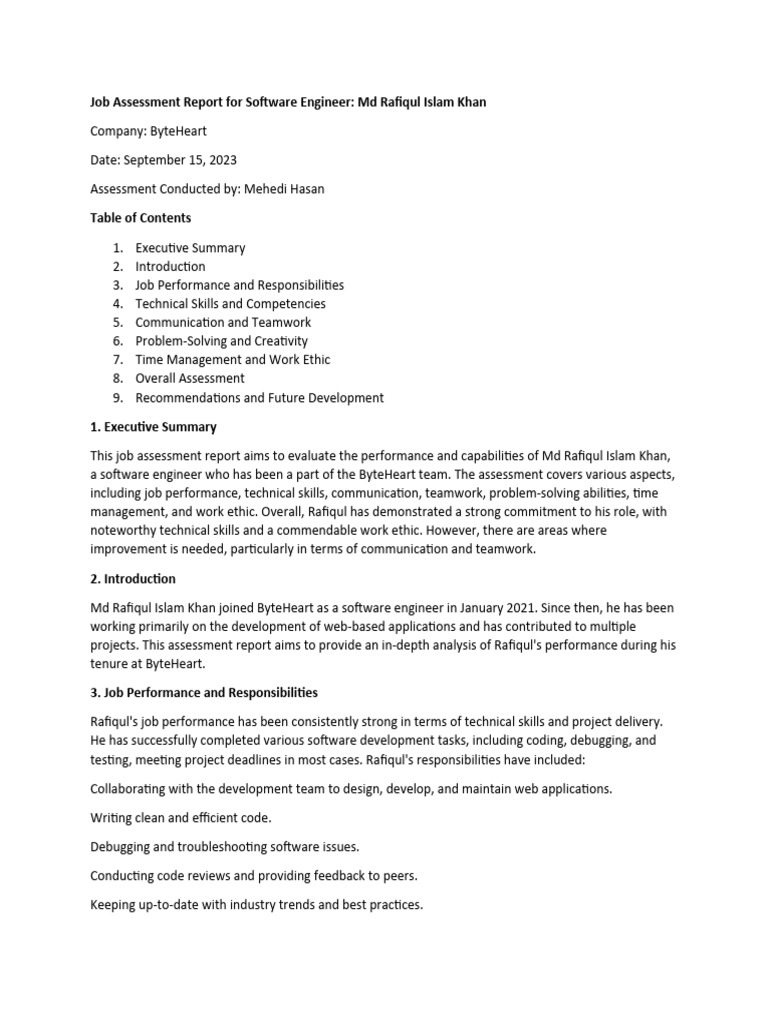 Job Assessment Report For Software Engineer | PDF