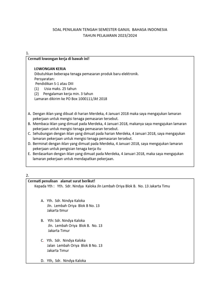 Soal Pts Sem Ganjil Bahasa Indonesia-1 | PDF
