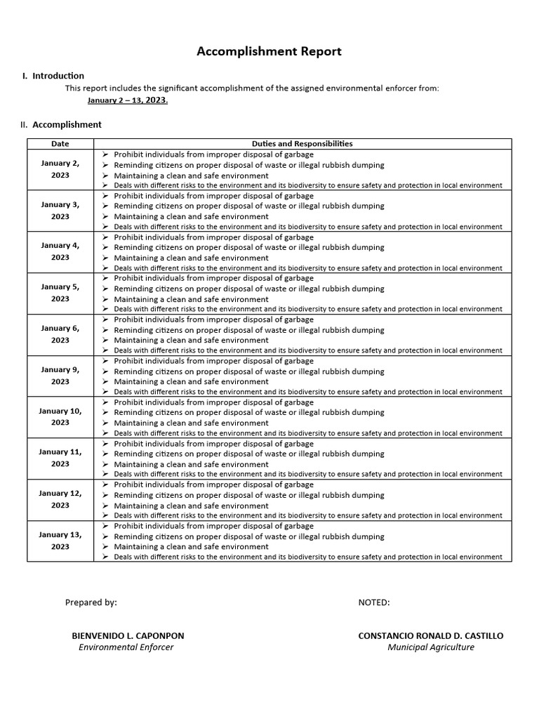 Accomplishment Report Environmetal Officer | PDF