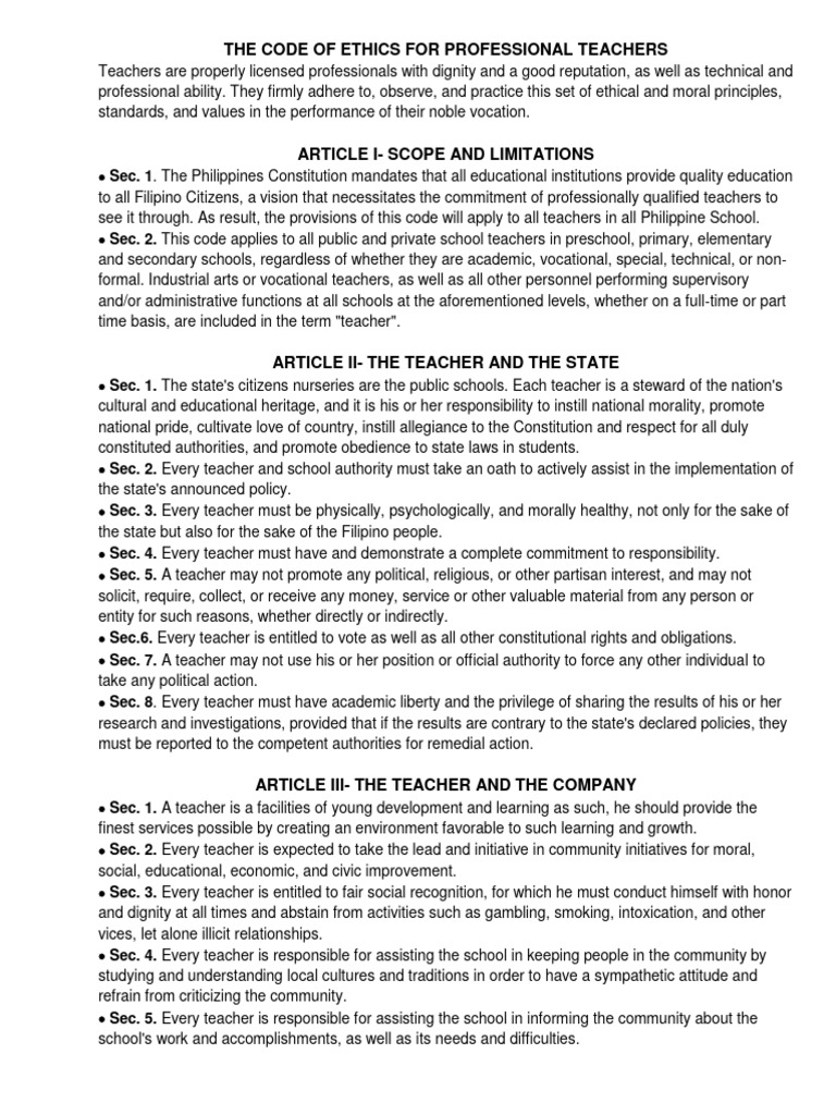 The Code of Ethics For Professional Teachers | PDF