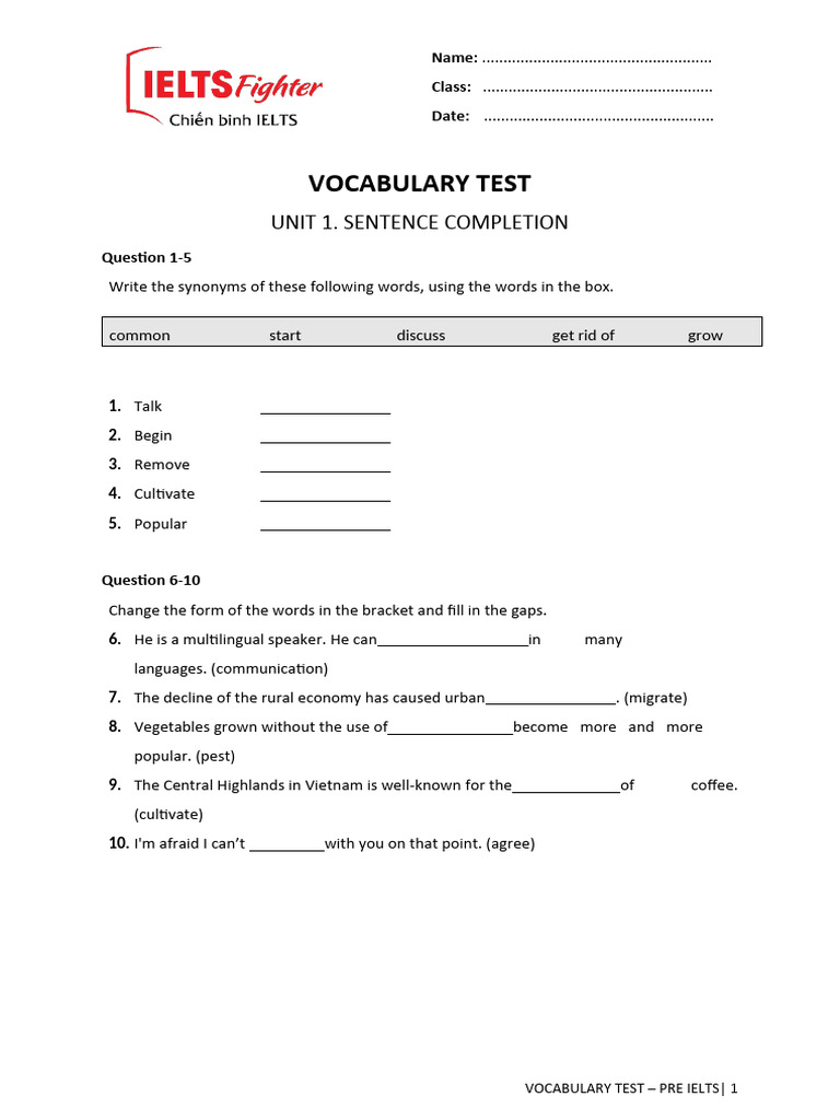 Vocab Test 4. Unit 1. Reading. Sentence Completion | PDF