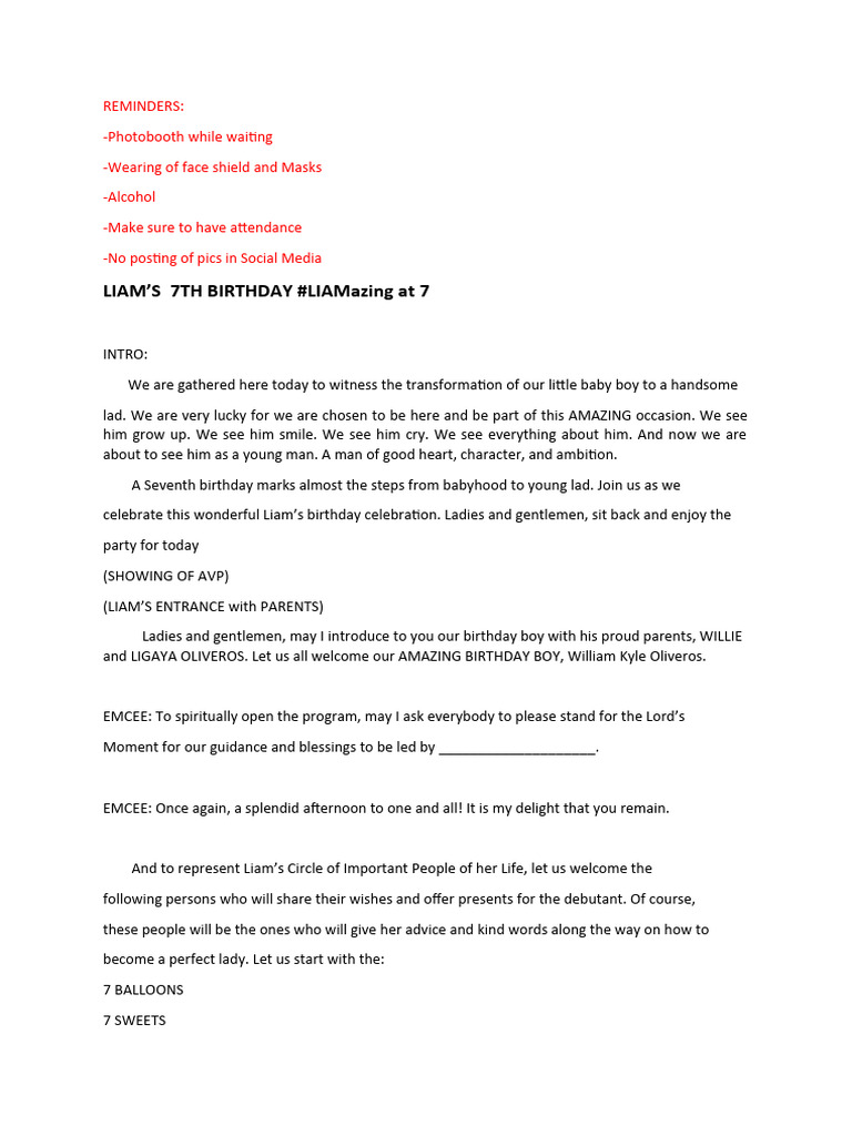 7th Birthday Script | PDF