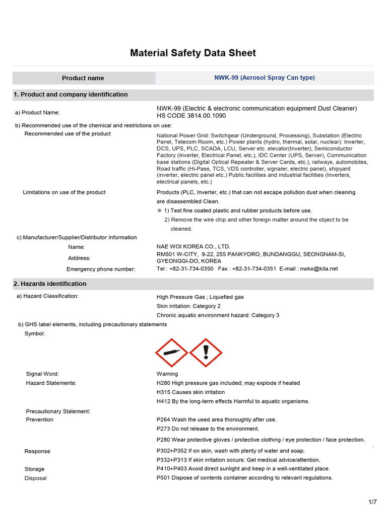 (Aerosol Spray Can) MSDS - NWK-99 | PDF