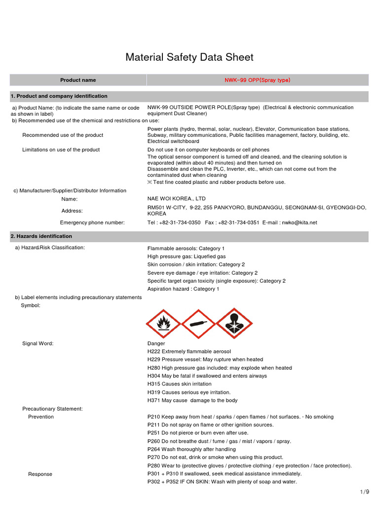 Msds Nwk-99 Opp (Spray) | PDF