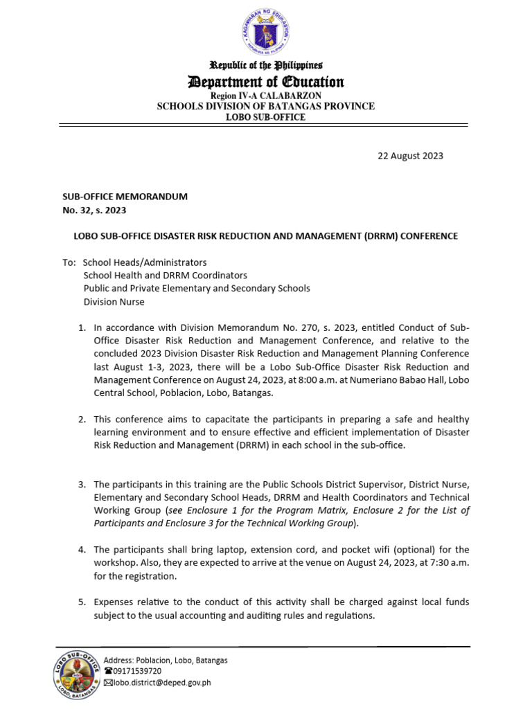 Sub Office Memorandum No.32 s.2023 Lobo Sub Office DRRM Conference | PDF