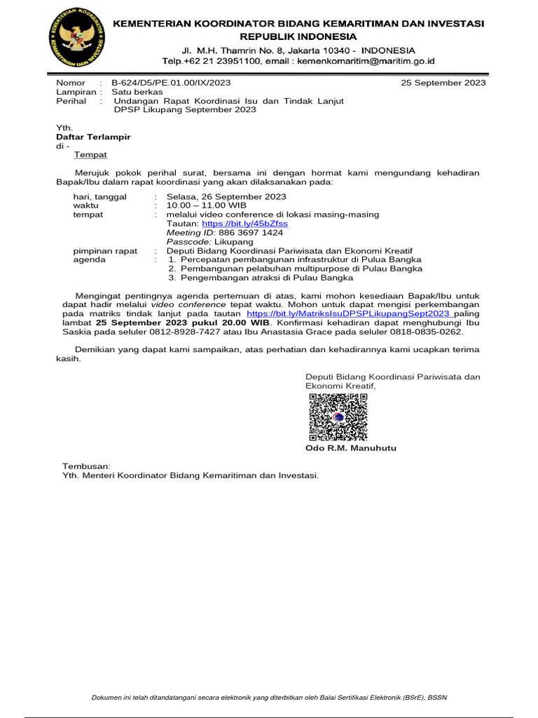 UND Rakor Bulanan DPSP Likupang, Selasa, 26 Sept 2023, 10.00 WIB | PDF