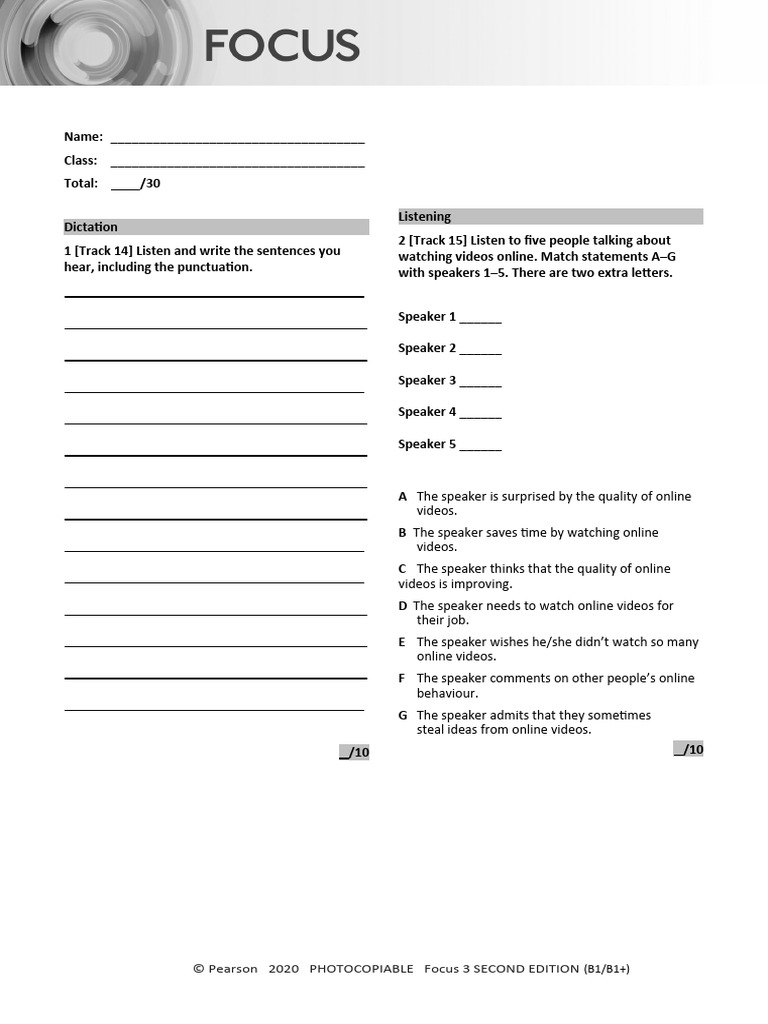 Focus3 2E Unit Test Dictation Listening Reading Unit7 GroupA | PDF