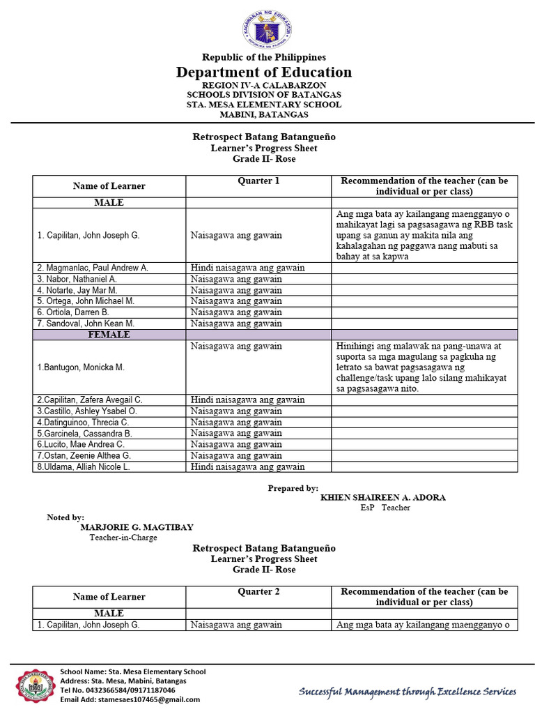 RBB Progress Sheet | PDF