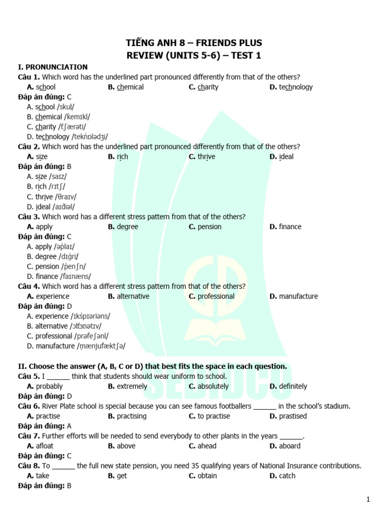Tieng Anh 8 Friends Plus - Review 5-6 - Test 1 (Key) | PDF