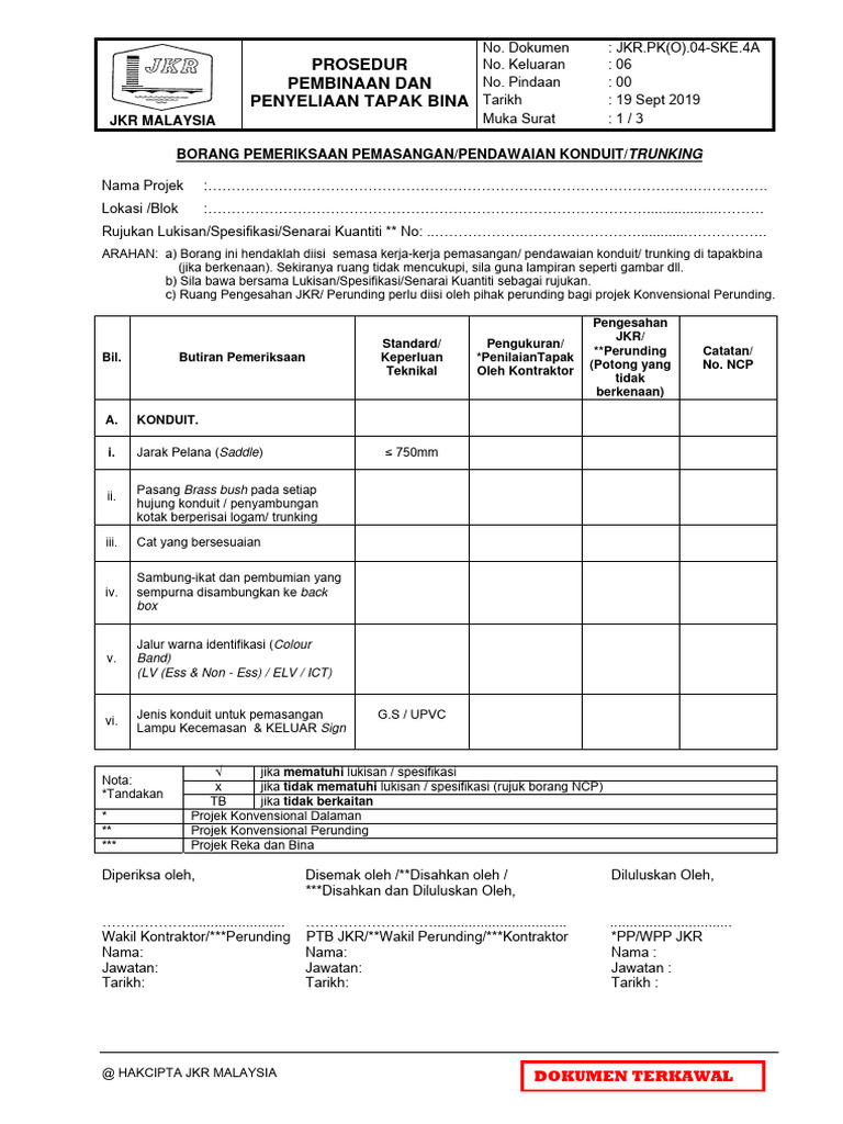 Prosedur Pembinaan Dan Penyeliaan Tapak Bina: JKR Malaysia Borang Pemeriksaan Pemasangan ...