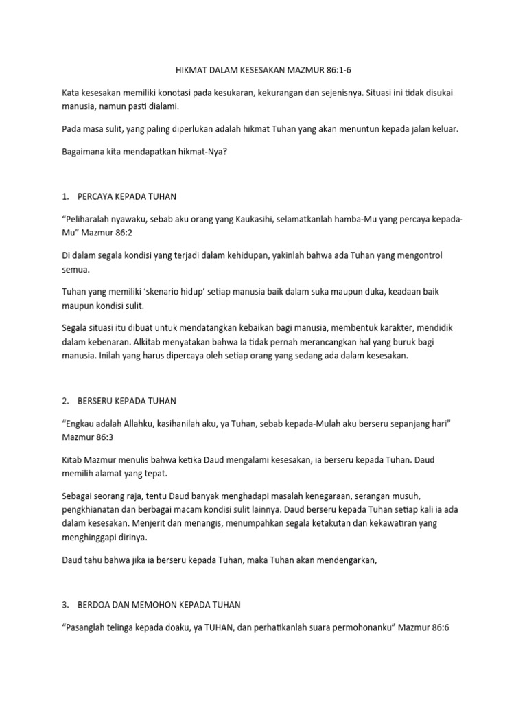 Hikmat Dalam Kesesakan Mazmur 86 | PDF