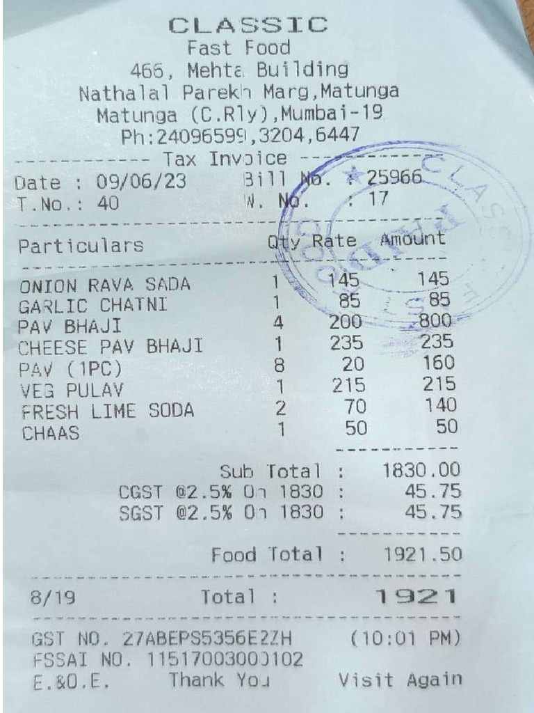 Restaurant Food Bill | PDF