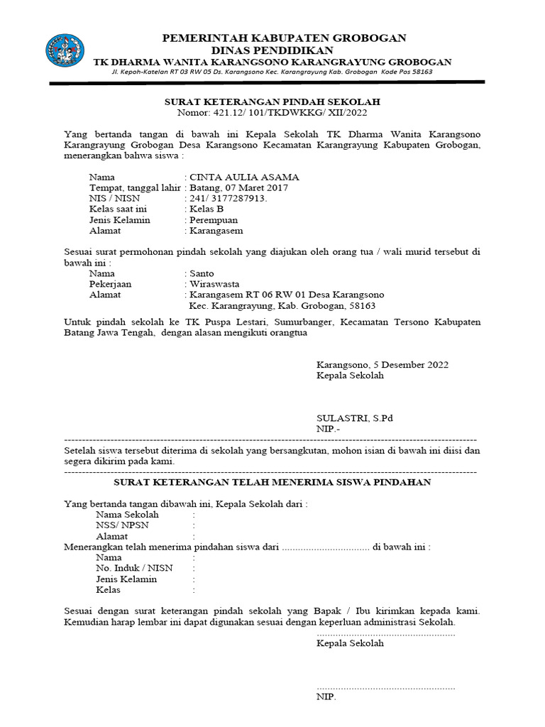 Surat Keterangan Pindah Sekolah | PDF