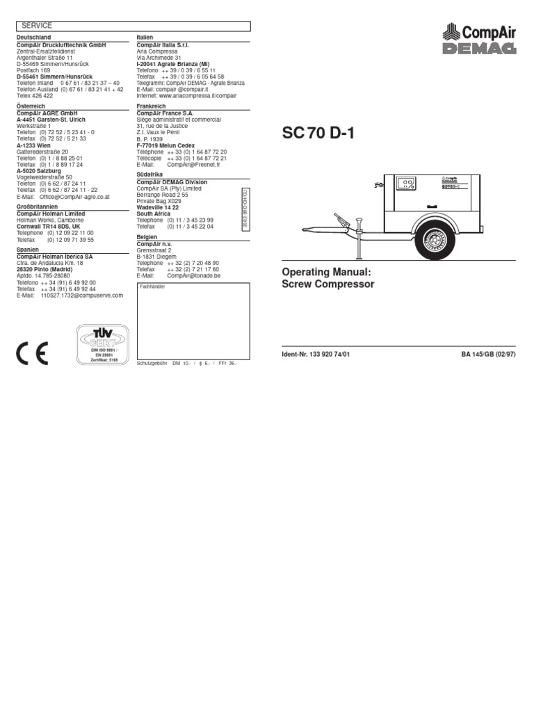 Operating Manual: Screw Compressor: Service | PDF