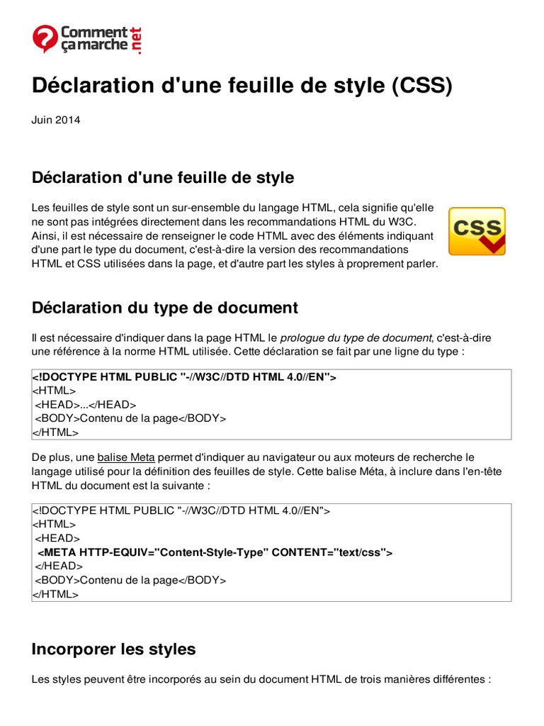 Ressource N°3 Declaration-D-Une-Feuille-De-Style-Css | Download Free PDF | Html | Langage de ...