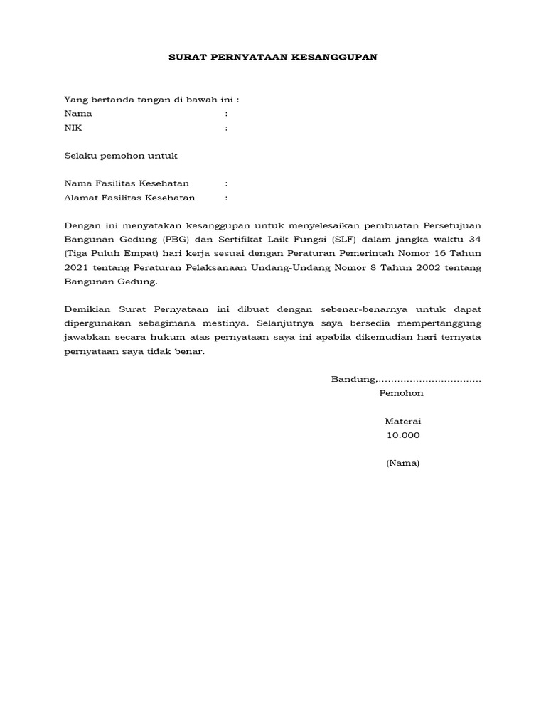 Kesanggupan Pembuatan PBG dan SLF | PDF