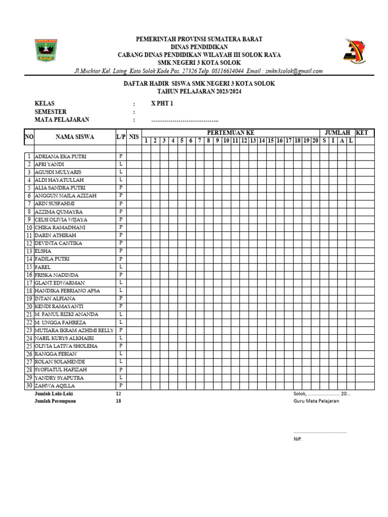 Daftar Hadir Siswa SMK 3 Solok 2023/2024 | PDF