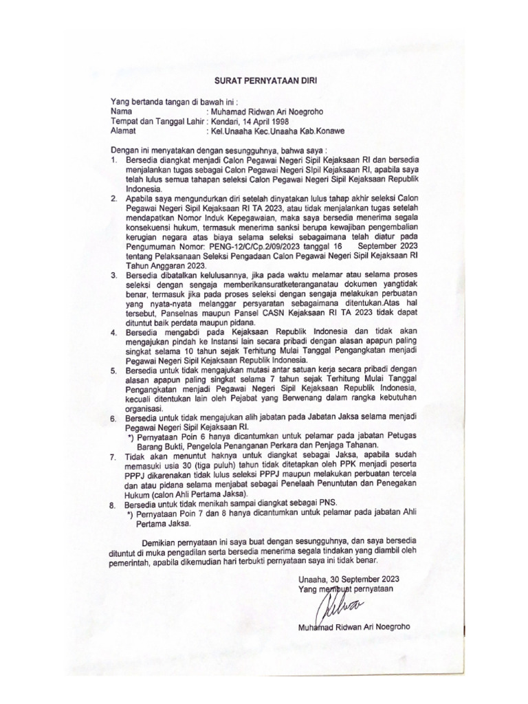 SURAT PERNYATAAN DIRI Reksi | PDF